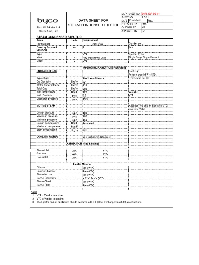 Data Sheet Ejector PDF | PDF | Heat Exchanger | Steam