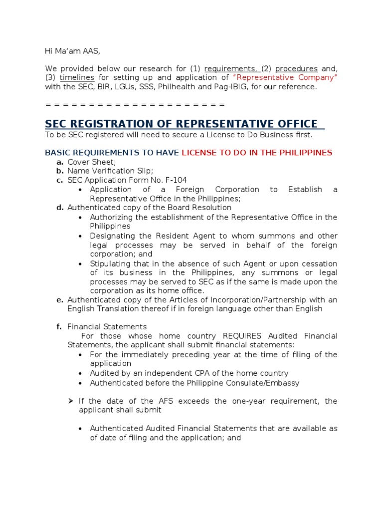 Sec Registration of Representative Office: Basic Requirements To Have ...