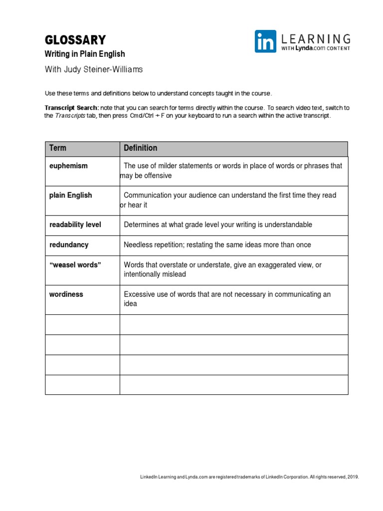 Plain English Writing Glossary | PDF | Language Arts & Discipline