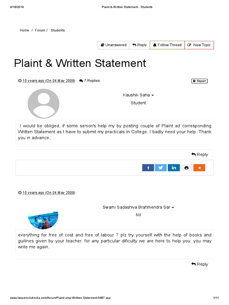 Sample Plaint & Written Statement - Students | PDF | Internet Forum ...
