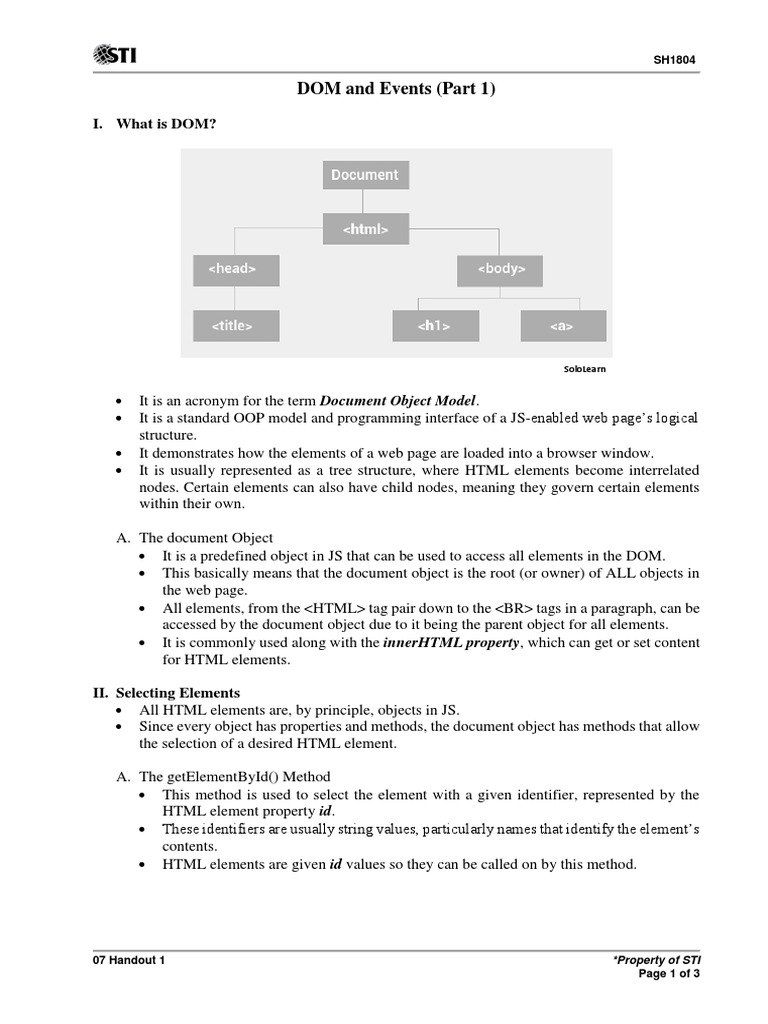 DOM and Events (Part 1) : I. What Is DOM? | PDF | Html Element | Document Object Model
