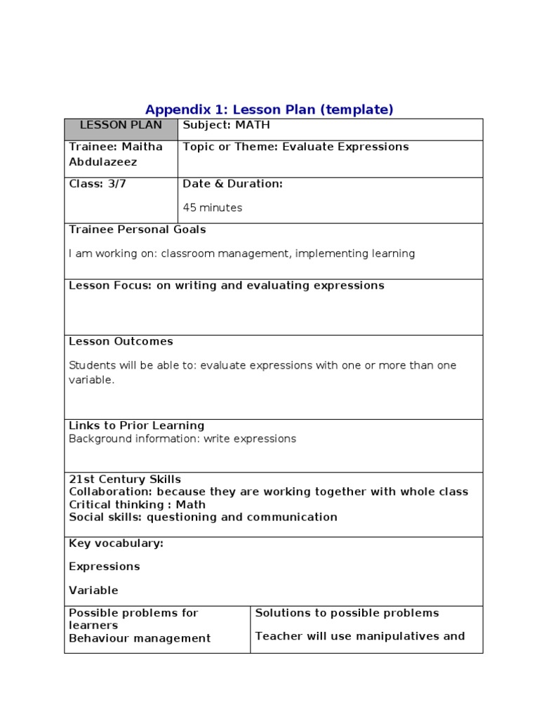 Math Lesson Plan: Evaluating Expressions | PDF | Lesson Plan ...