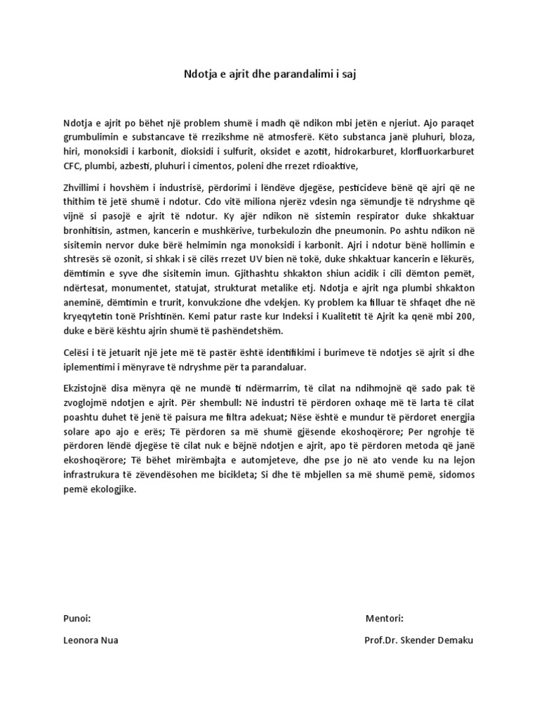 Ndotja e Ajrit Dhe Parandalimi I Saj | PDF