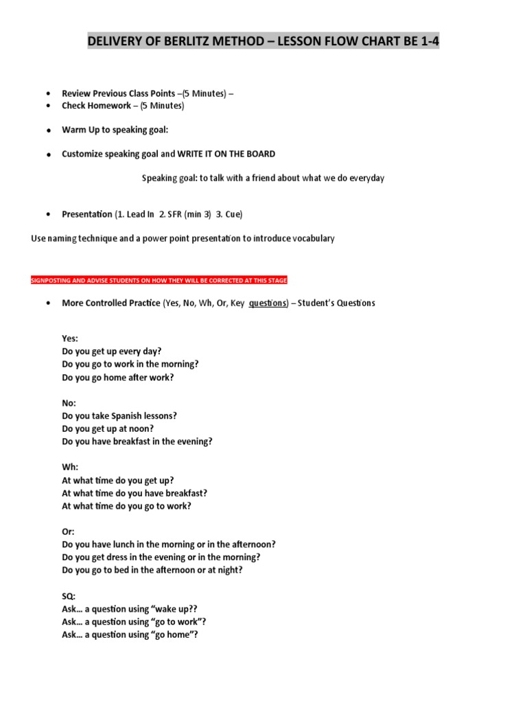 Delivery of Berlitz Method - Lesson Flow Chart Be 1-4 | PDF | Question ...