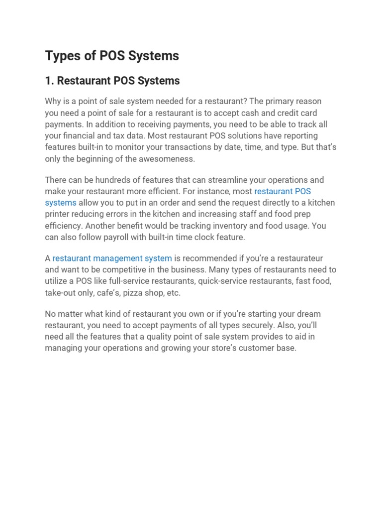 Types of POS Systems | PDF | Point Of Sale | Restaurants