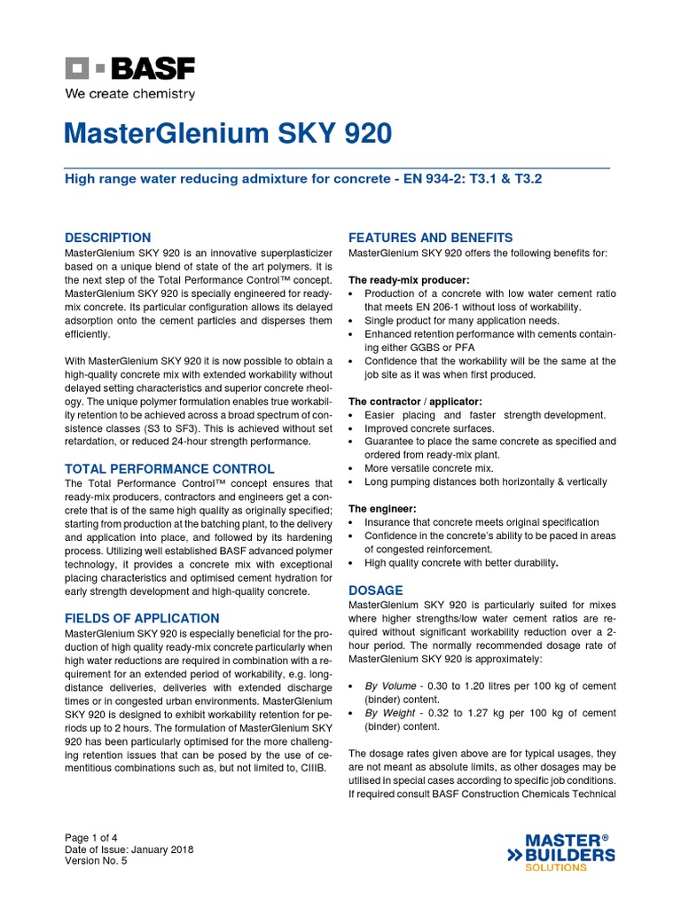 Basf Masterglenium Sky 920 Tds PDF | PDF | Concrete | Building Engineering