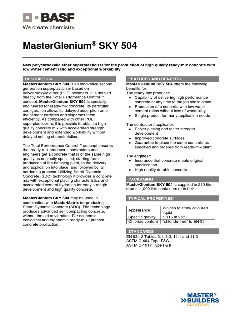 Masterglenium Sky 504: Description Features and Benefits | PDF | Concrete | Building Engineering