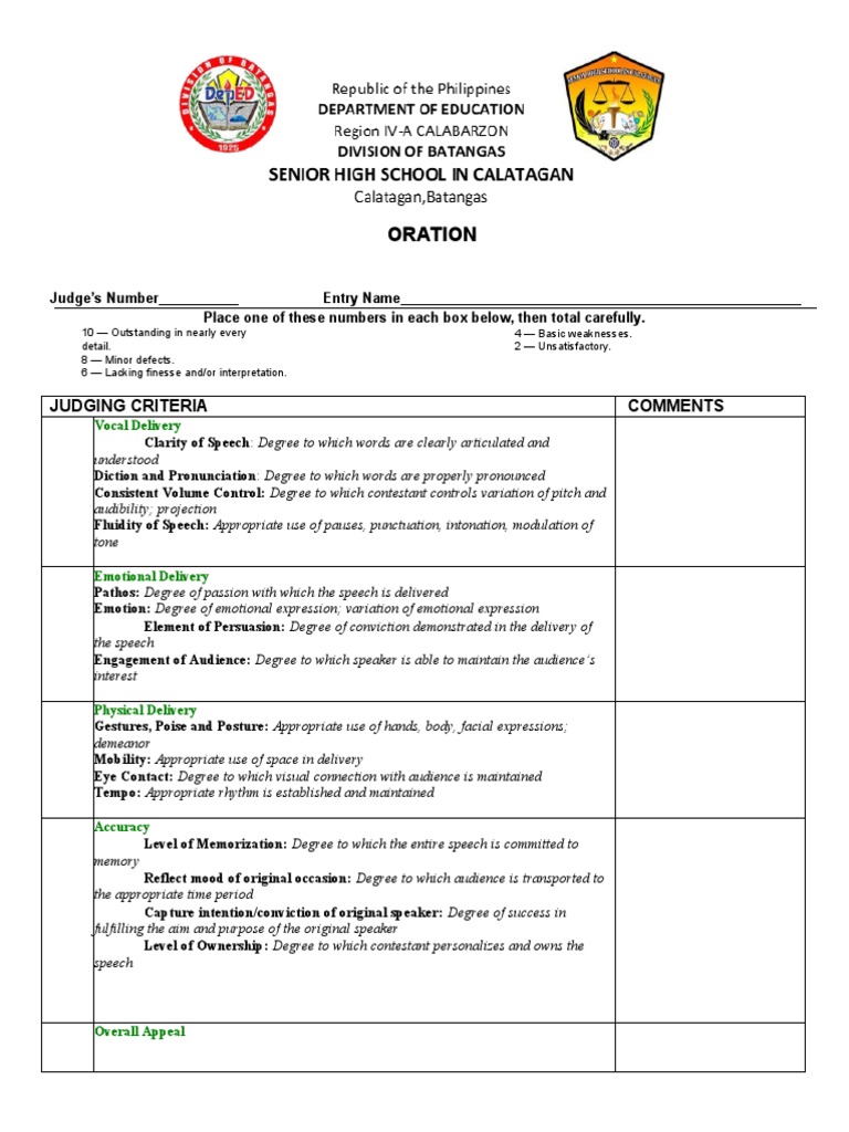 Oration: Judging Criteria Comments | PDF