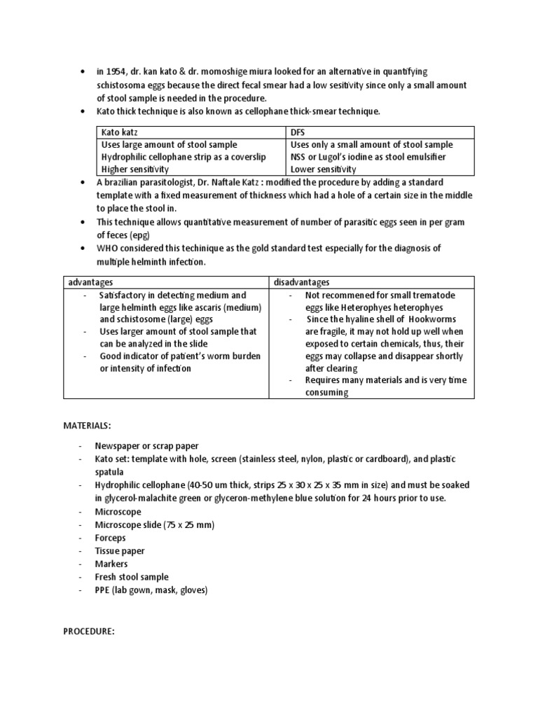 Kato-Katz Technique for Parasitology | PDF | Feces | Clinical Medicine