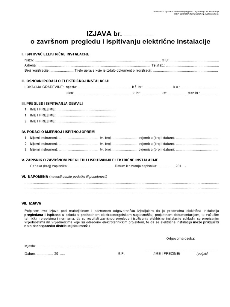 Obrazac 2 Izjava o Zavrsnom Pregledu I Ispitivanju El Instalacije 07 ...
