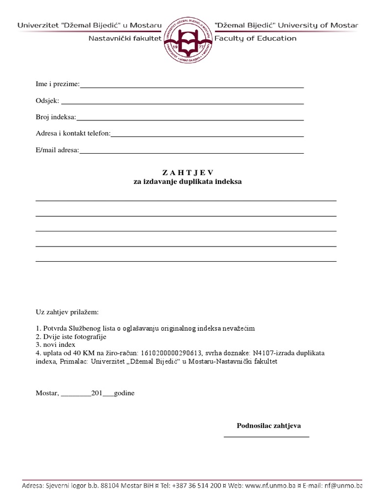 Zahtjev Za Izdavanje Duplikata Indexa | PDF