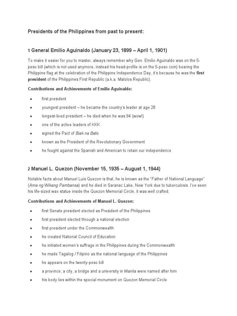 Presidents of The Philippines From Past To Present | PDF | President Of ...