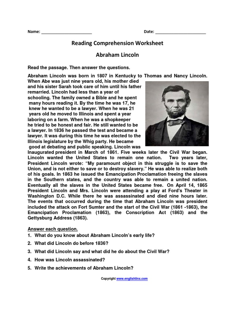 Reading Comprehension Worksheet Abraham Lincoln | PDF | Abraham Lincoln ...