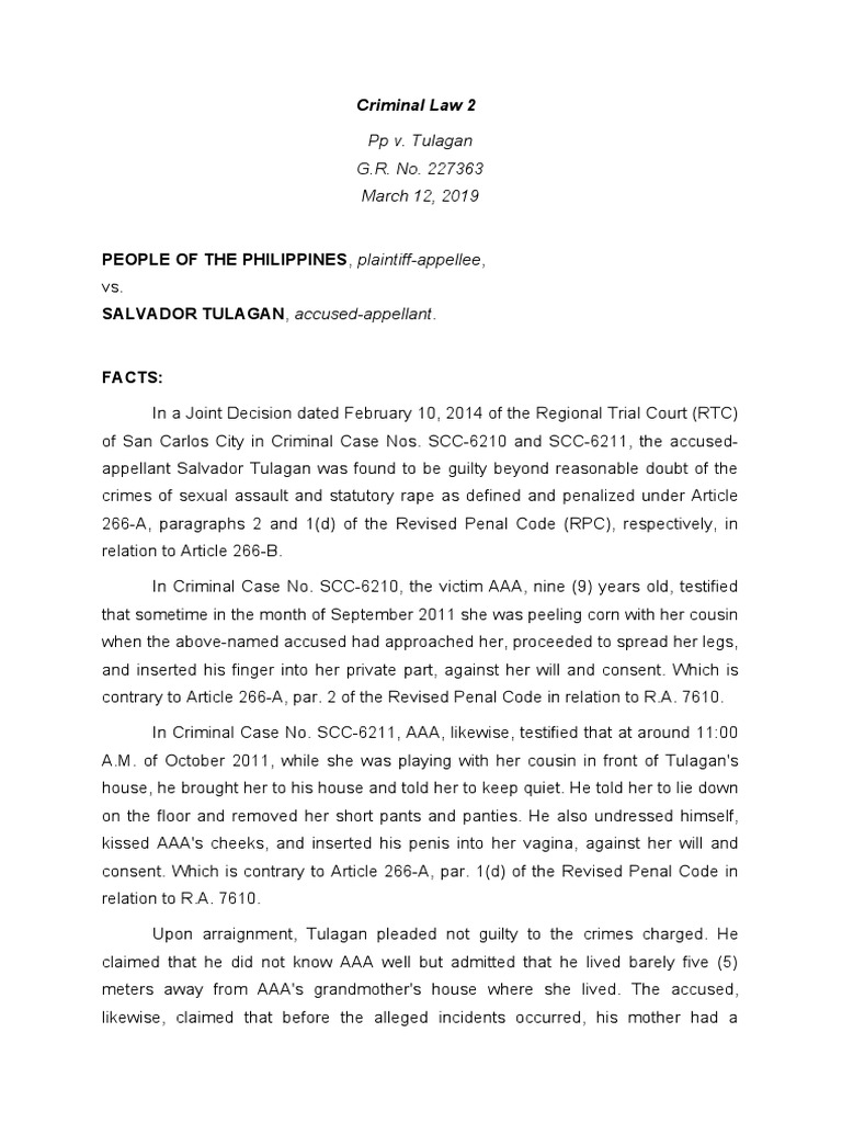 1 Comprehensive Case Digest (People v. Tulagan) | PDF | Rape | Burden ...