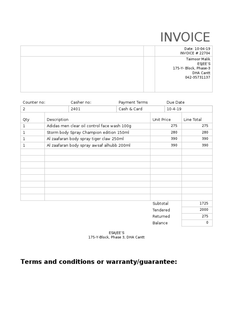 Invoice: Terms and Conditions or Warranty/guarantee | PDF