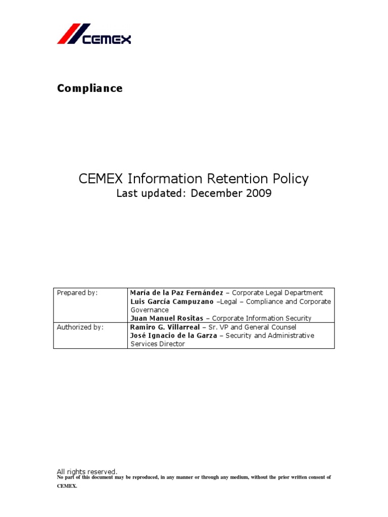 CEMEX Information Retention Policy: Compliance | PDF | Computer Data ...