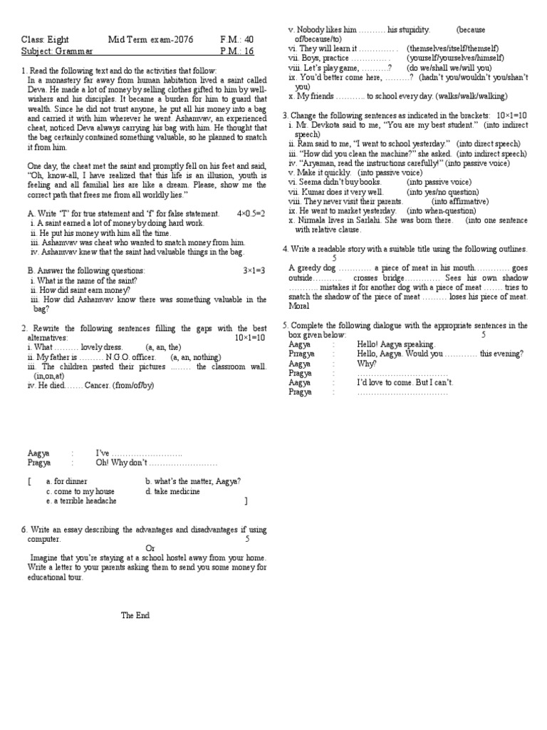Class 8 Grammar Midterm Exam 2076 | PDF