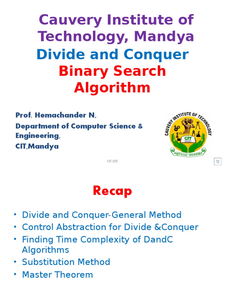 Cauvery Institute of Technology, Mandya: Divide and Conquer | PDF | Computer Programming ...