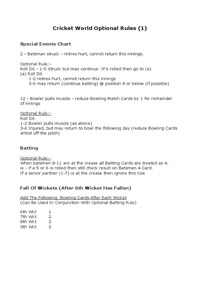 Cricket World Optional Rules (1) : Special Events Chart | PDF | Bowling (Cricket) | Cricket