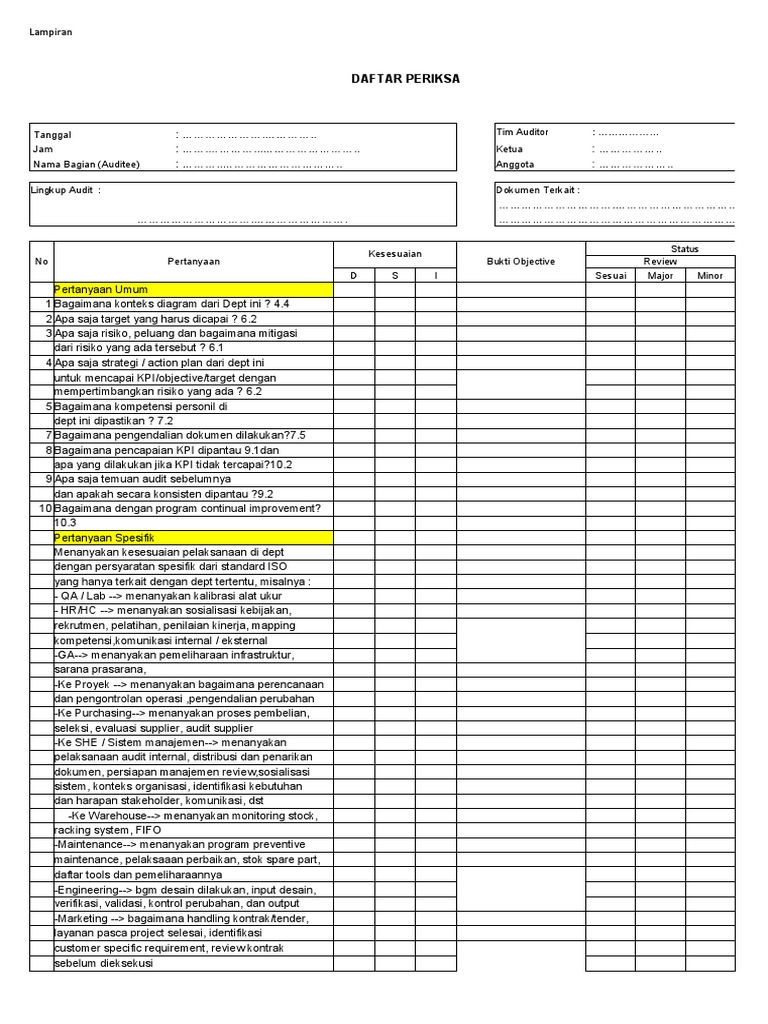 Contoh Daftar Periksa Audit ISO 9001 | PDF