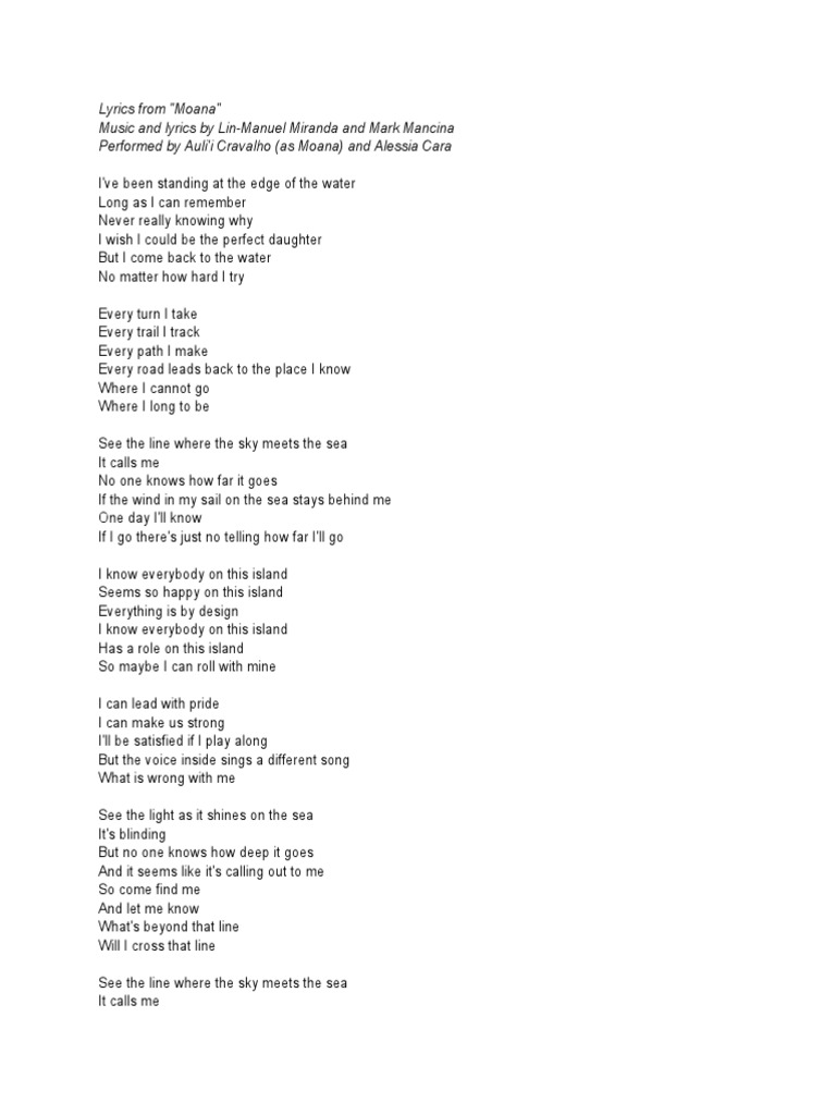 Lyrics From "Moana" Music and Lyrics by Lin-Manuel Miranda and Mark ...