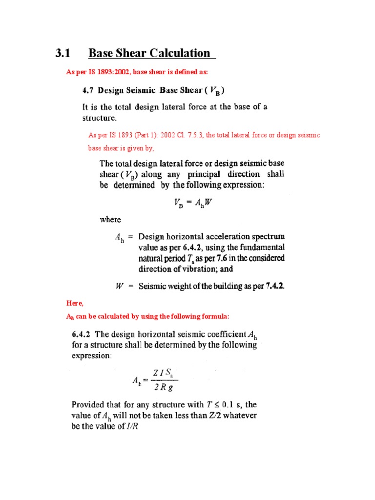 3.1 Base Shear Calculation: As Per IS 1893:2002, Base Shear Is Defined ...