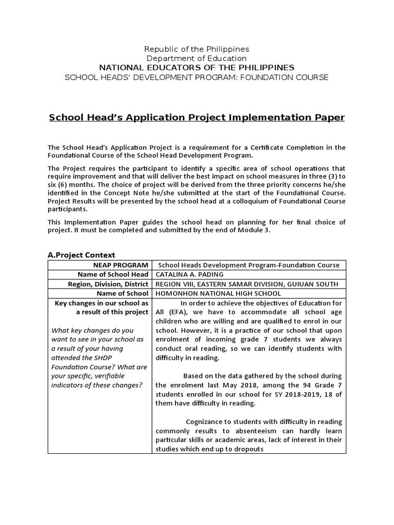 School Head's Application Project Implementation Paper | PDF | Behavior ...
