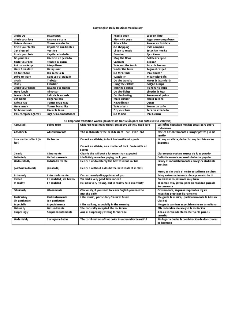 Daily Routines Emphasis Transition Words | PDF | Entretenimiento (general)