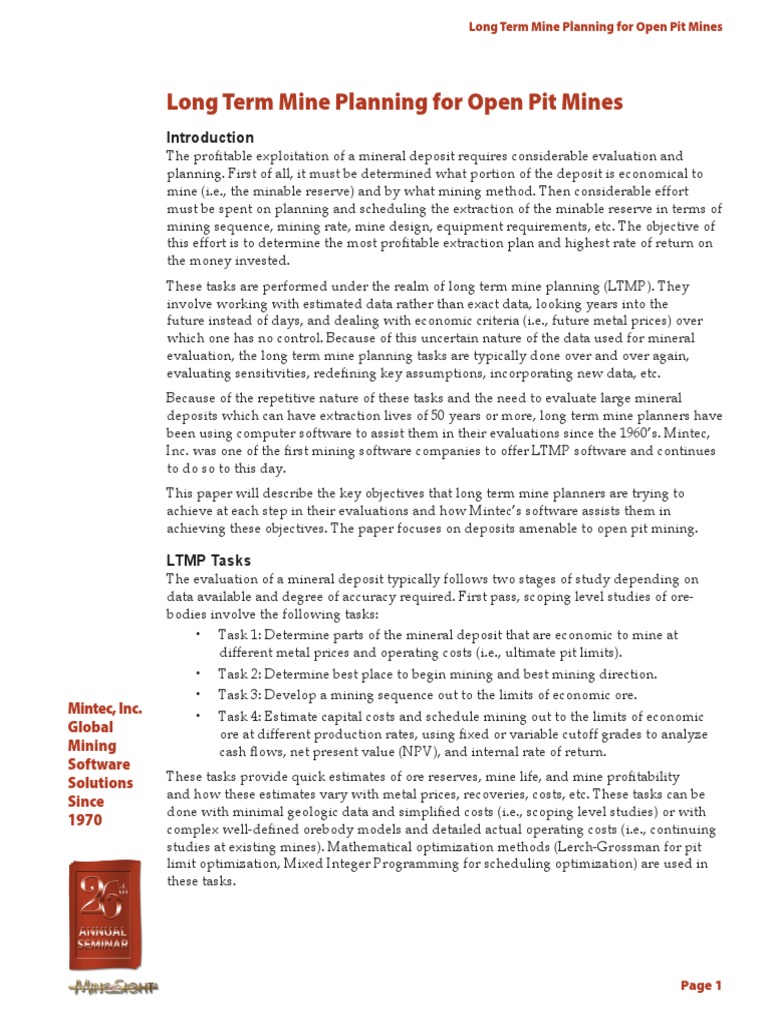 Long Term Mine Planning For Open Pit Mines: Mintec, Inc. Global Mining ...