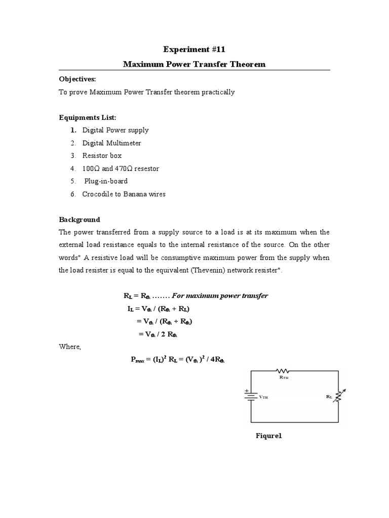Experiment #11 Maximum Power Transfer Theorem: Objectives | PDF | Electrical Resistance And ...