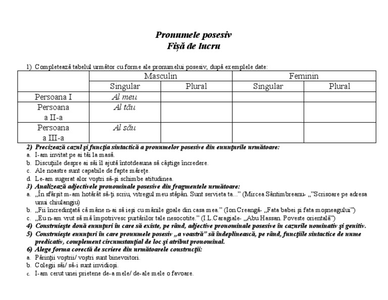 Pronumele Posesiv Fișa de Lucru VII 2020 | PDF