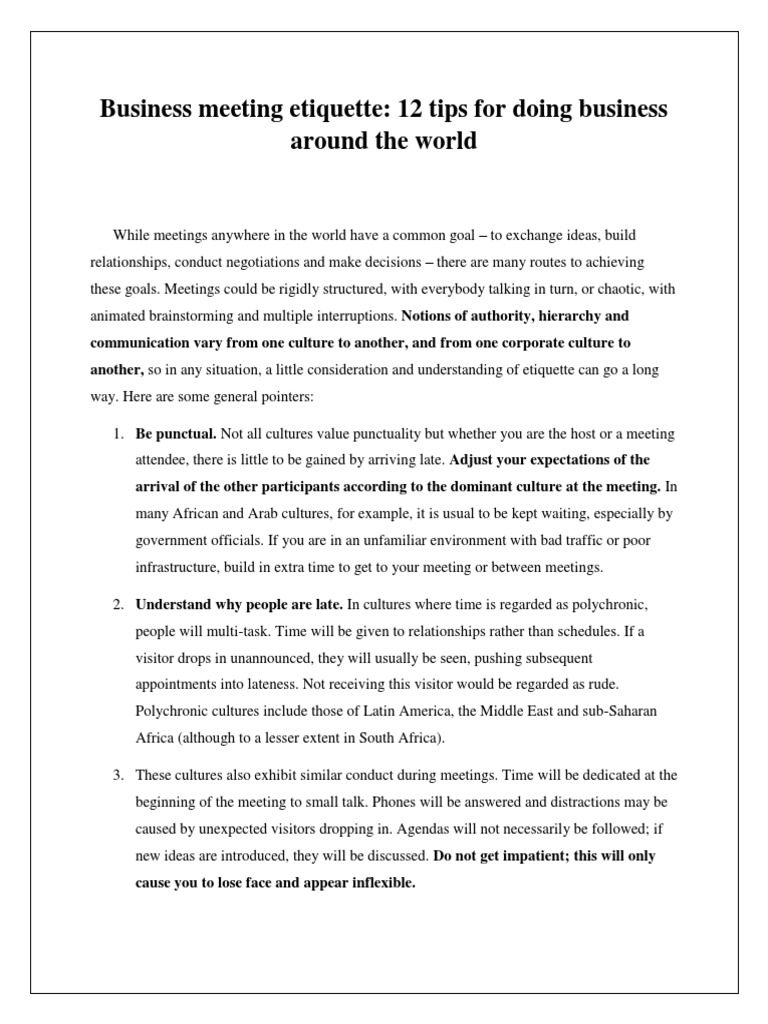 Global Business Meeting Etiquette Tips | PDF | Psychological Concepts ...