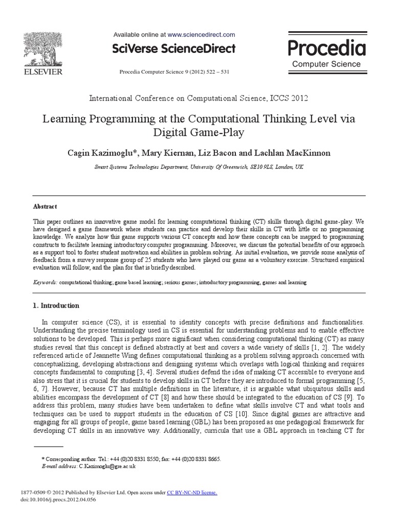 Learning Programming At The Computational Thinking Level Via Digital Game Play Pdf Pdf 