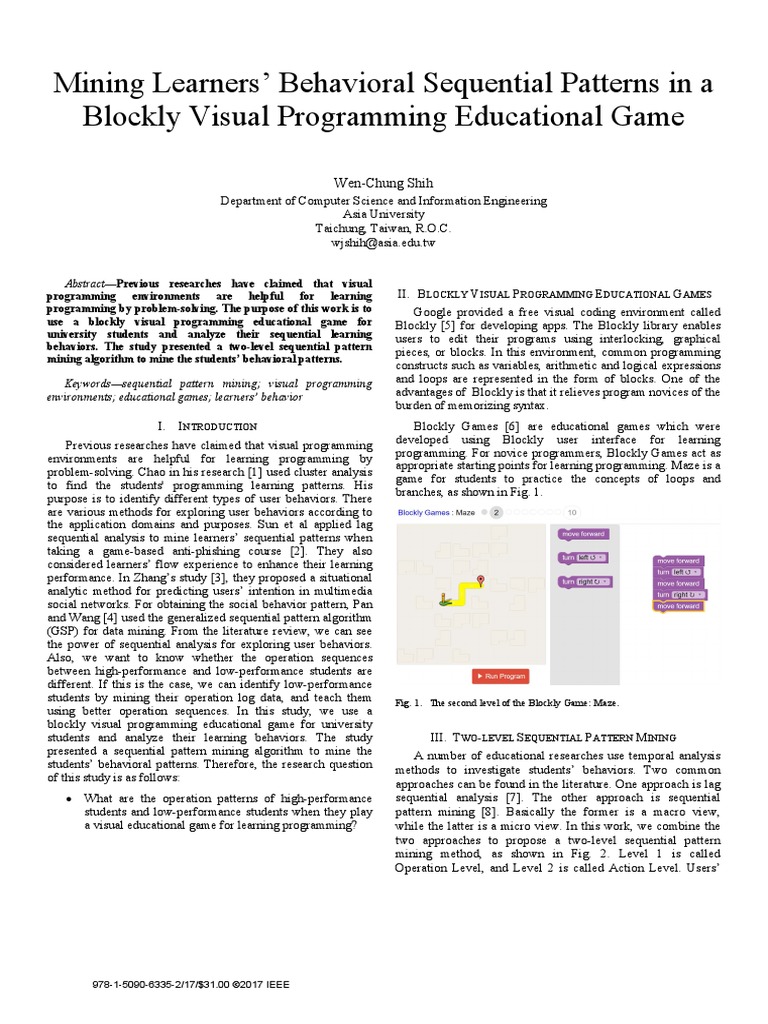 Mining Learners Behavioral Sequential Patterns in A Blockly Visual Programming Educational Game ...