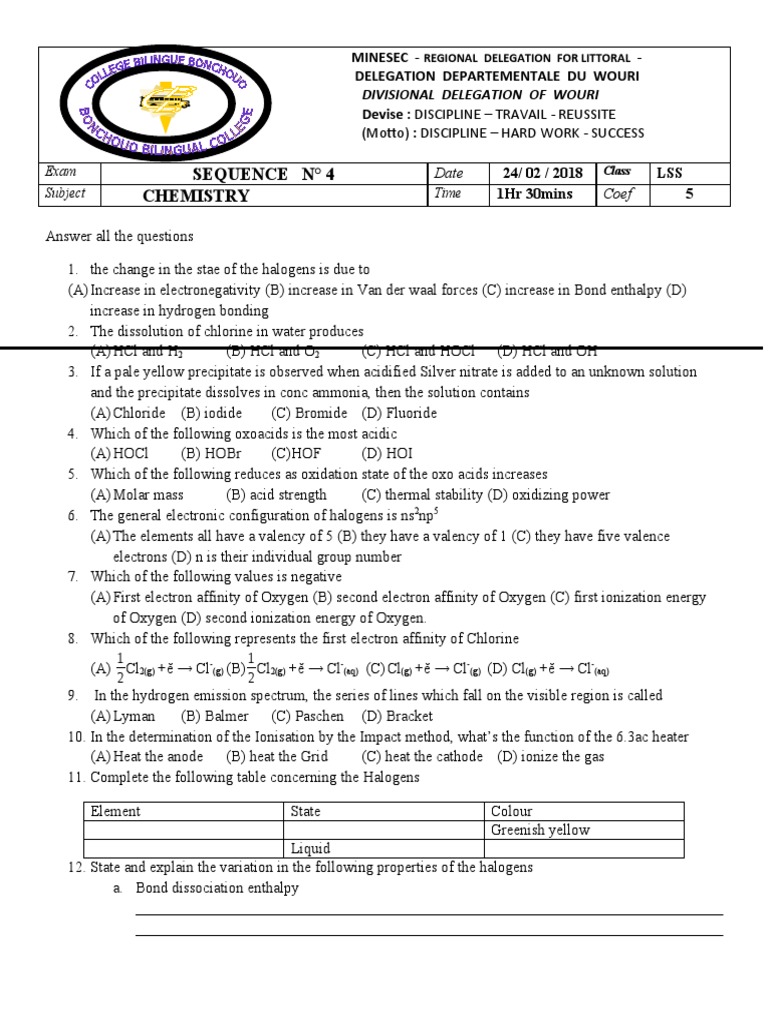 4th Sequence Chemistry Bonchou | PDF | Chlorine | Ionization