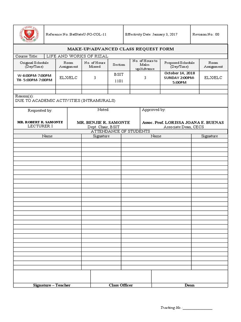 Life and Works of Rizal: Make-Up/Advanced Class Request Form | PDF