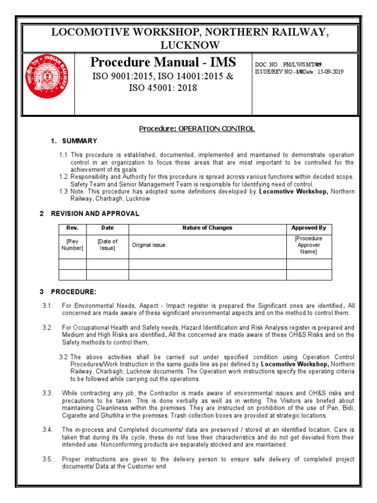 Procedure Manual - IMS: Locomotive Workshop, Northern Railway, Lucknow ...