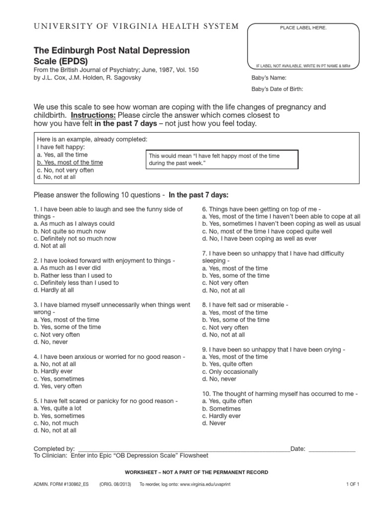 The Edinburgh Post Natal Depression Scale (EPDS) : Uni V Ersit Y of V ...