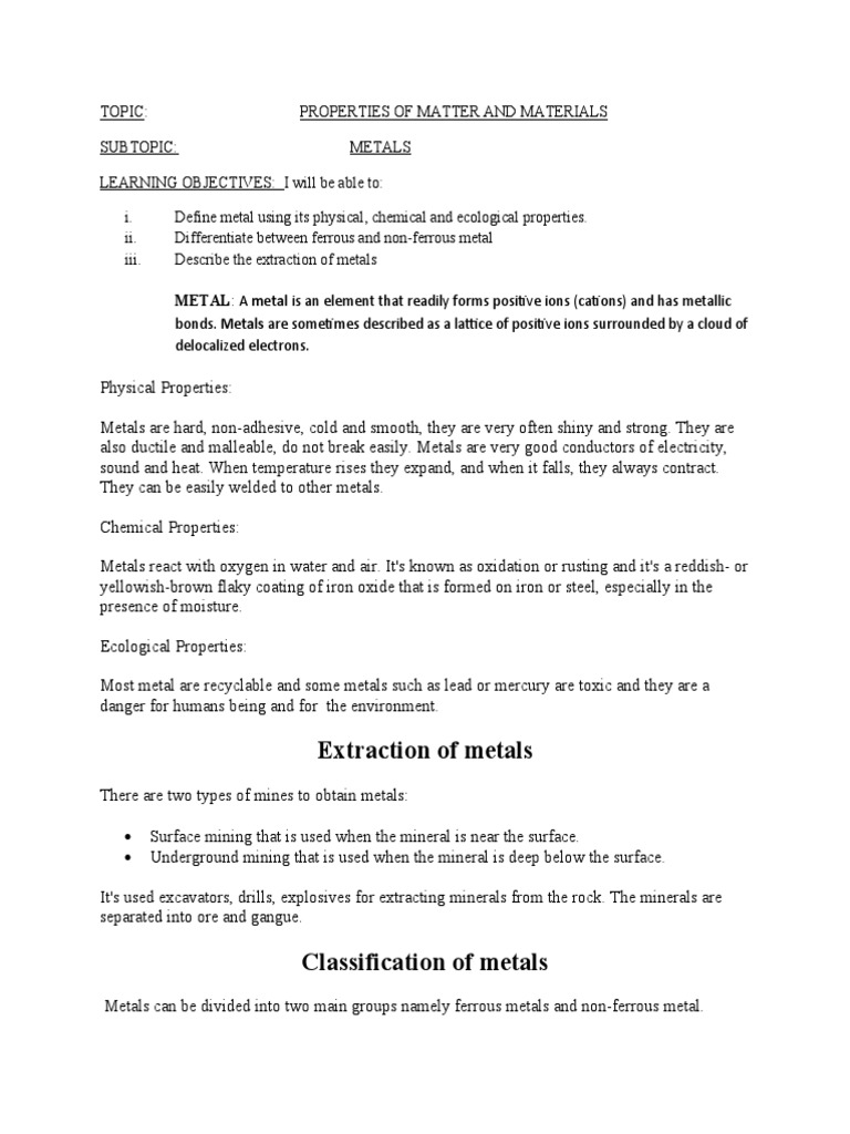 Year 7 Chemistry Note | PDF | Metals | Ductility