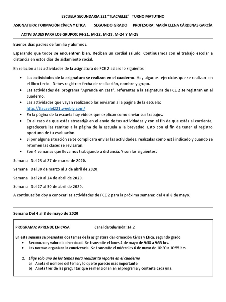 Actividades Fce Segundo Grado Del 4 Al 8 de Mayo | PDF | No violencia ...