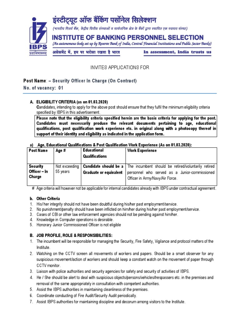 Invites Applications For Post Name:: - Security Officer in Charge (On ...