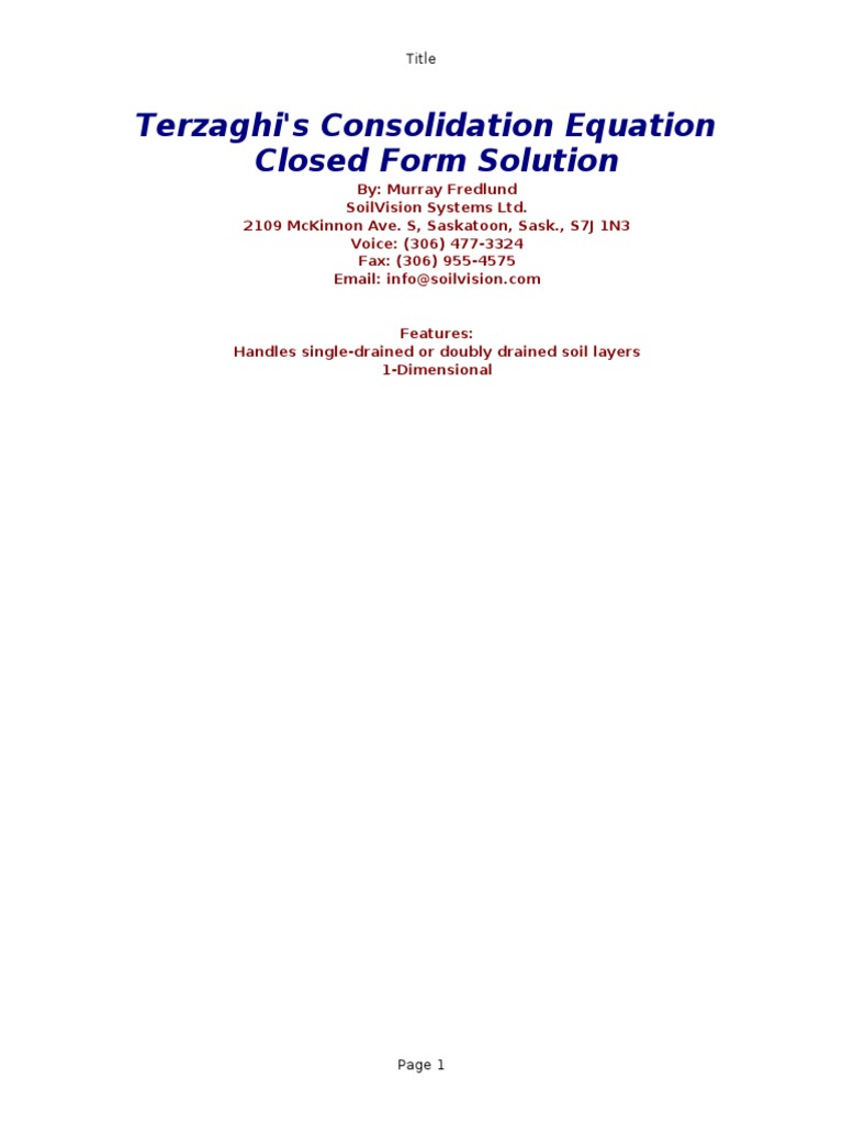 Terzaghi's Consolidation Equation - Closed Form Solution | Download ...