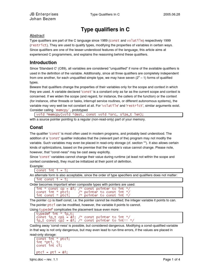 Type Qualifiers in C: JB Enterprises Johan Bezem | PDF | Pointer (Computer Programming) | C ...