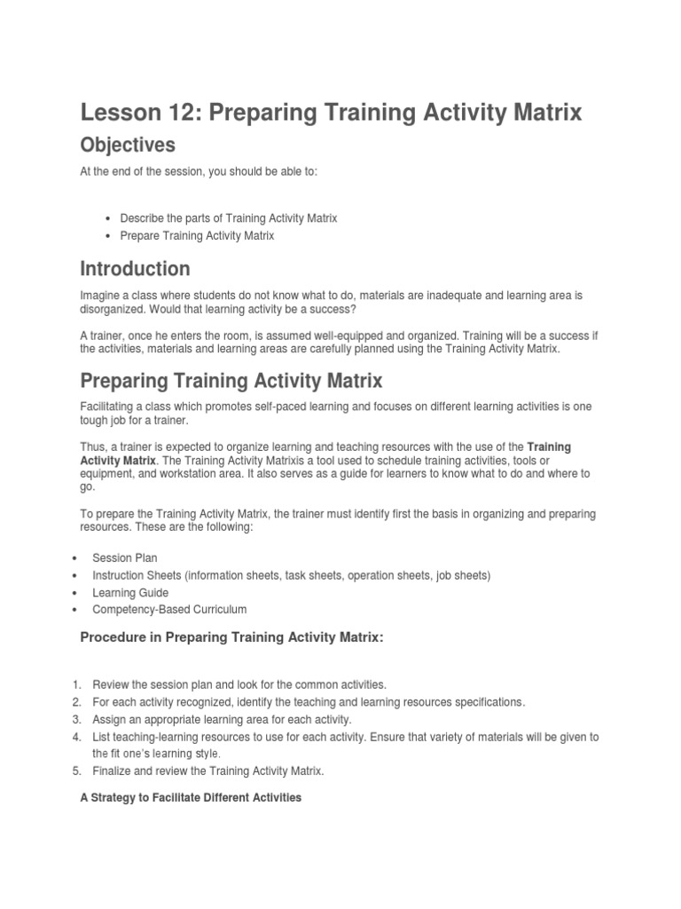 Lesson 12. The Training Activity Matrix | PDF
