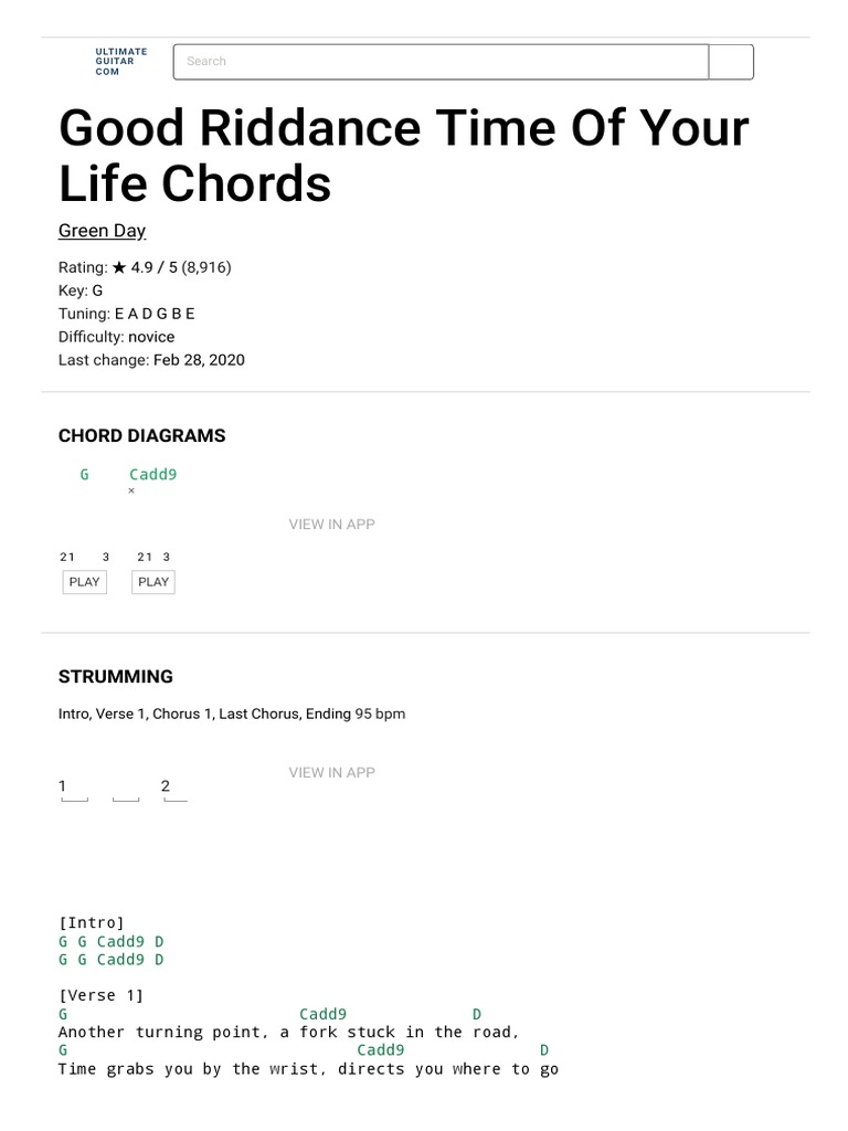 GOOD RIDDANCE TIME OF YOUR LIFE CHORDS by Green Day PDF | PDF | Song ...
