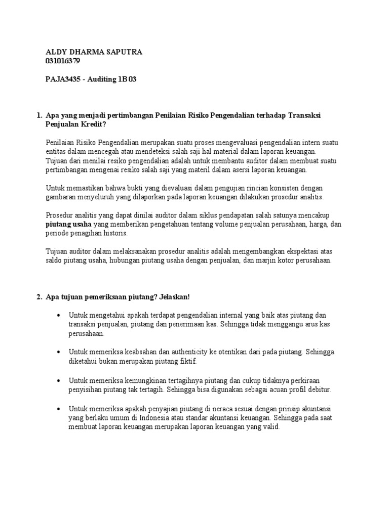 Auditing 1b 03 - Tugas 1 - 031016379 - Aldy Dharma Saputra | PDF