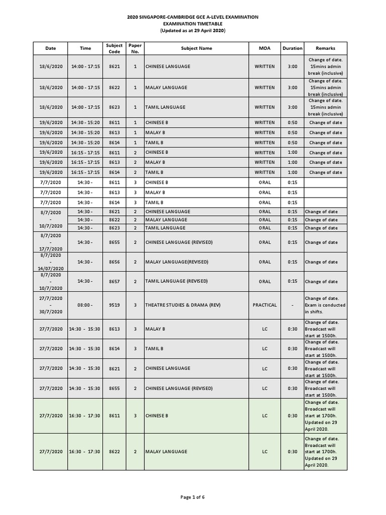 2020 GCE A-Level Exam Timetable | PDF | Learning | Behavior Modification