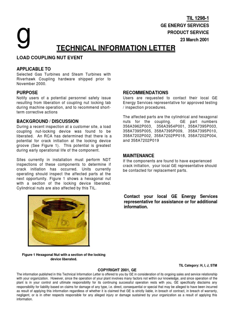 Technical Information Letter: Load Coupling Nut Event | PDF | Breach Of ...