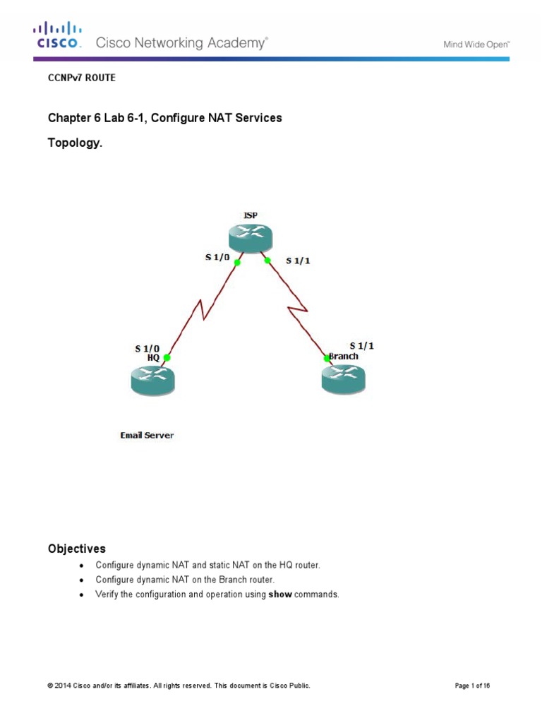 Chapter 6 Lab 6-1, Configure NAT Services Topology.: Ccnpv7 Route | PDF | Router (Computing ...