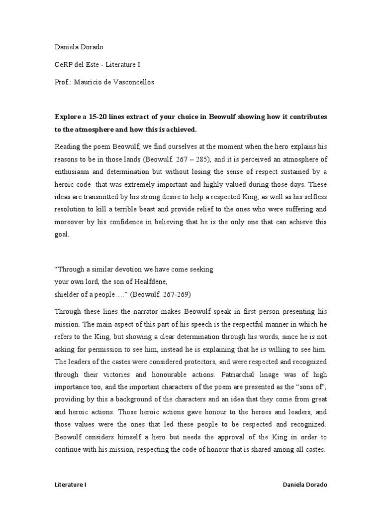 Explore a 15-20 lines extract of your choice in Beowulf showing how it ...